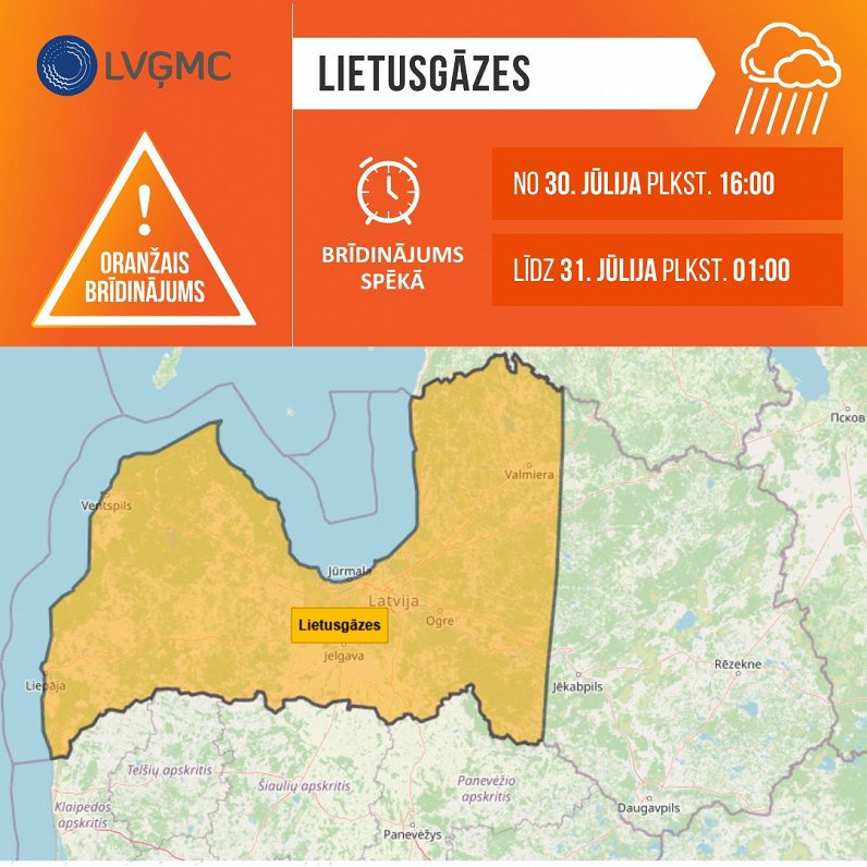 Orange alert for rain in force in most of Latvia