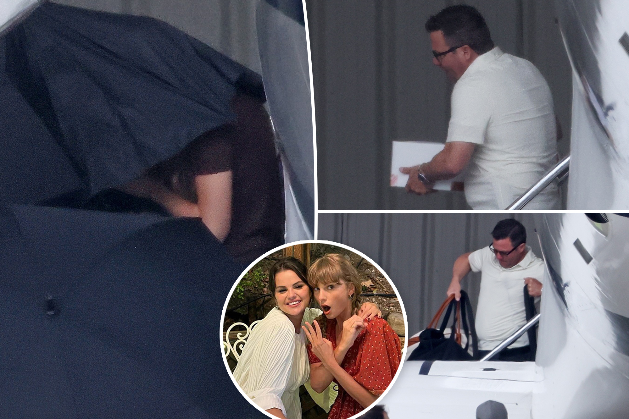 Taylor Swift hides under umbrellas as she arrives for BFF Selena Gomez ...